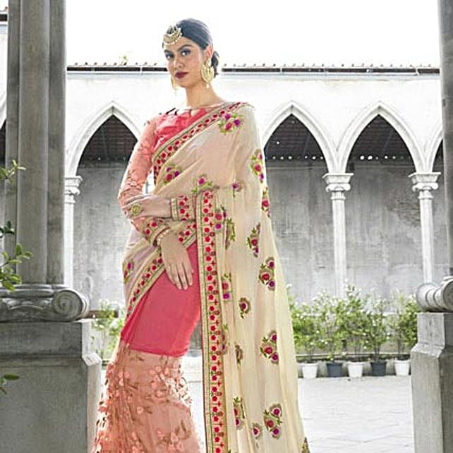 Buy/Send Elegant Off White and Pink Floral Embroidery Wedding Saree ...